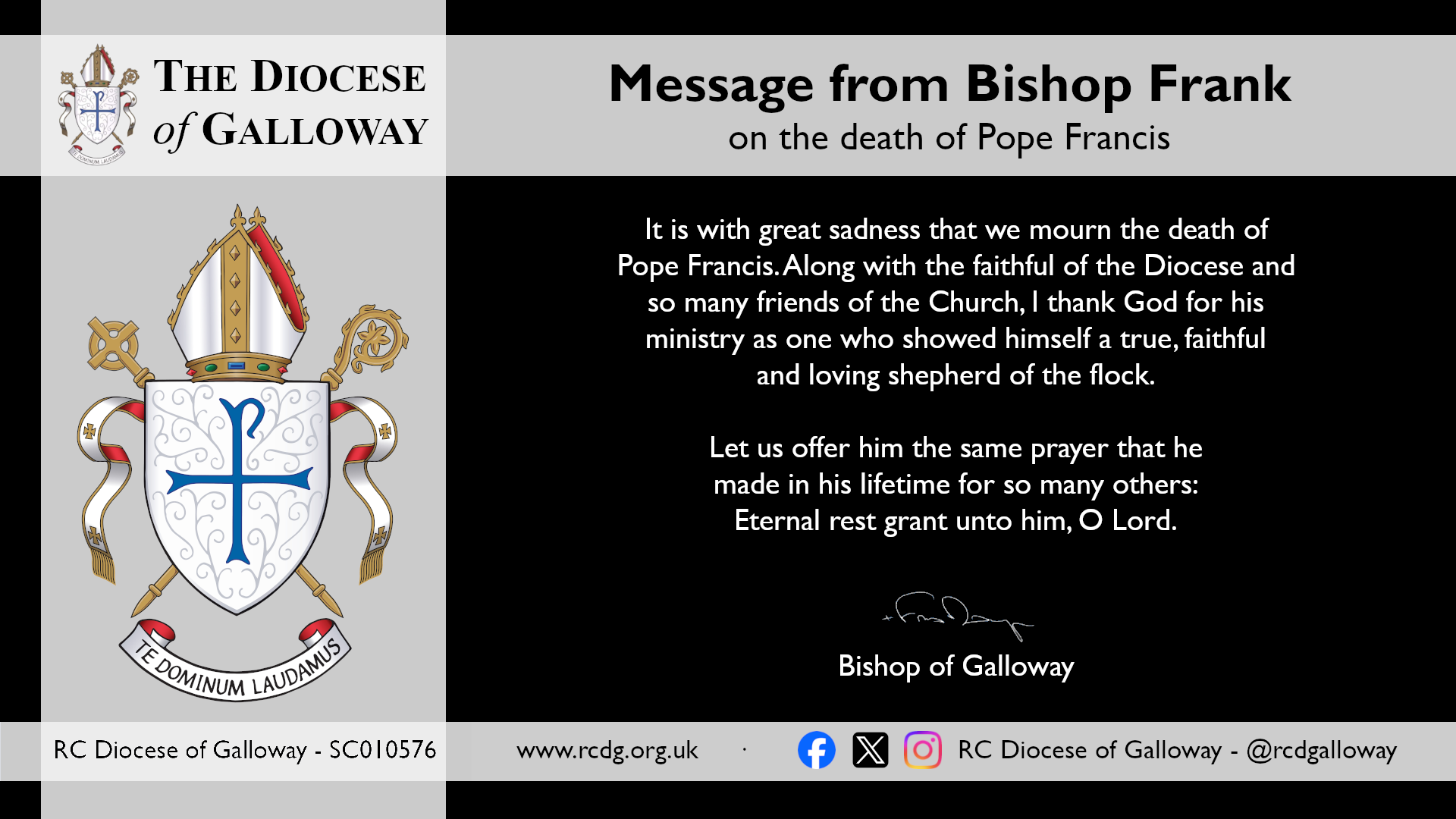 Bishop Frank's Message on the death of Pope Francis - RC Diocese of ...
